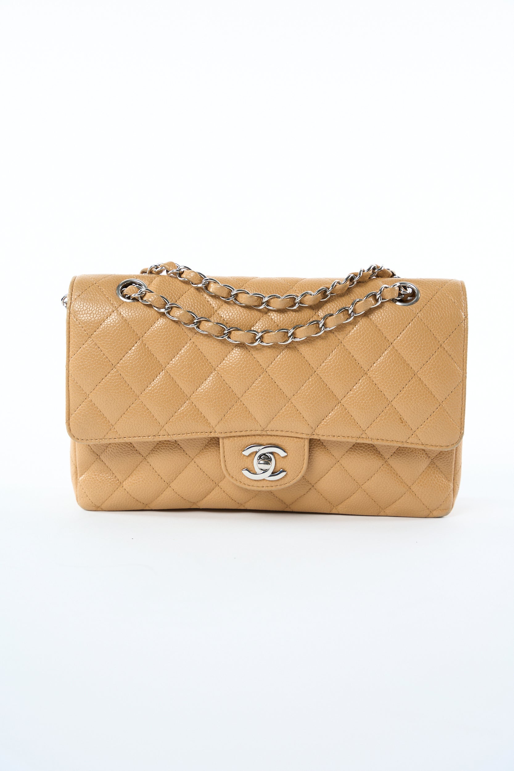 CHANEL Medium Classic Double Flap Beige Caviar with Silver Hardware- C ...